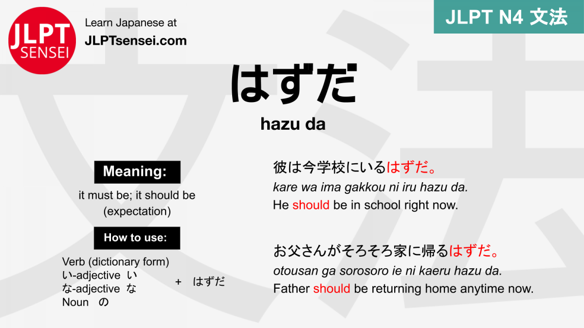 hazu da はずだ はずだ jlpt n4 grammar meaning 文法 例文 japanese flashcards ...
