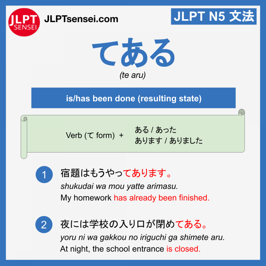 te aru てある jlpt n5 grammar meaning 文法 例文 learn japanese flashcards ...