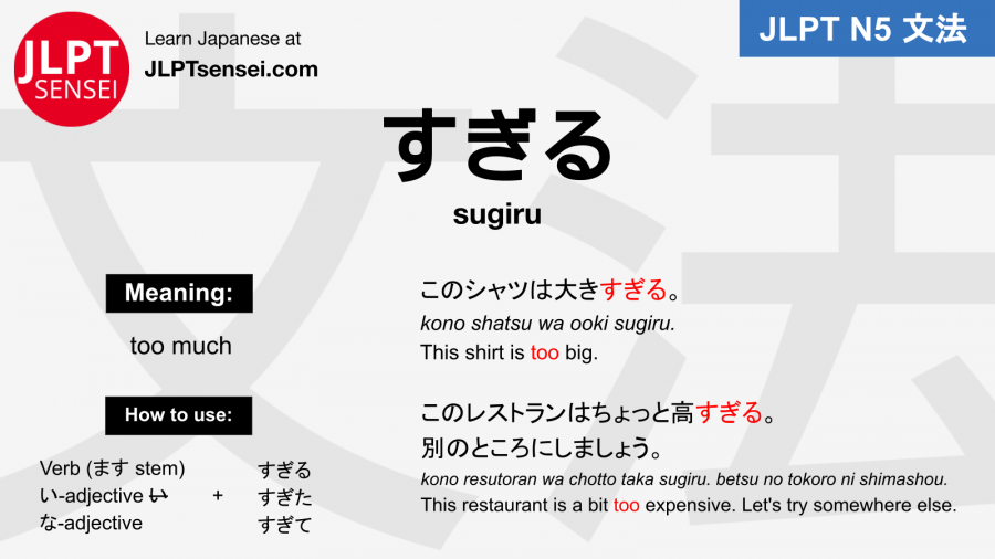 Gramática JLPT N5: すぎる (sugiru) Significado – guiadejapones.com