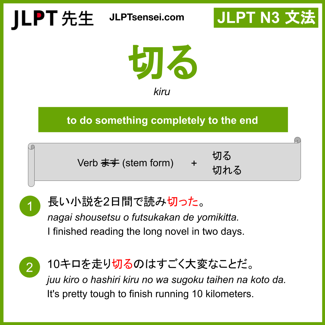 kiru 切る きる jlpt n3 grammar meaning 文法 例文 learn japanese flashcards ...