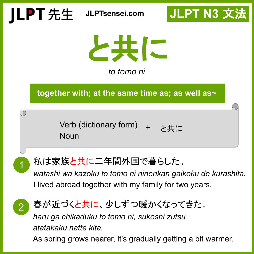 to tomo ni と共に とともに jlpt n3 grammar meaning 文法 例文 learn japanese ...